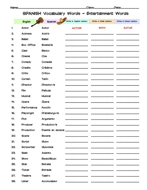Spanish Entertainment Words Vocabulary Word List Column Worksheet ...