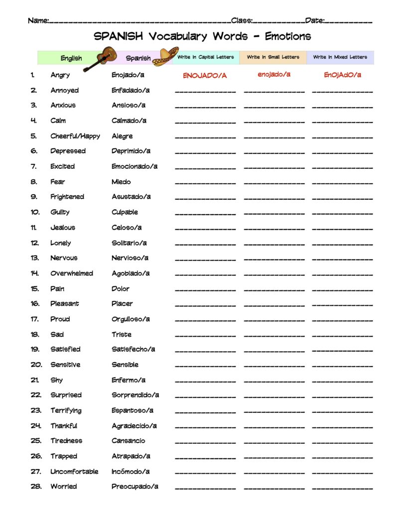 Spanish Emotions Vocabulary Word List Column Worksheet | Made By Teachers
