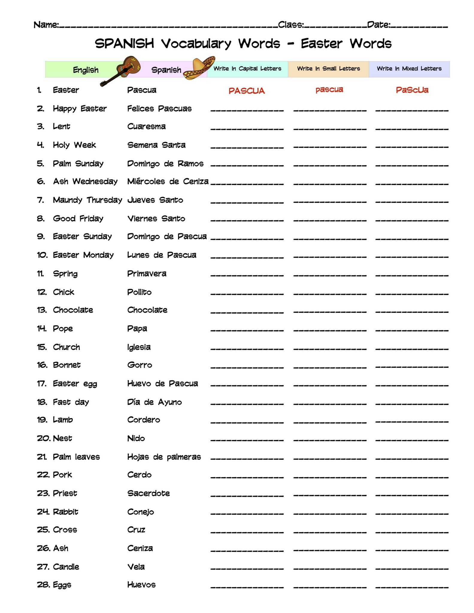 Spanish Easter Words Vocabulary Word List Column Worksheet | Made By ...