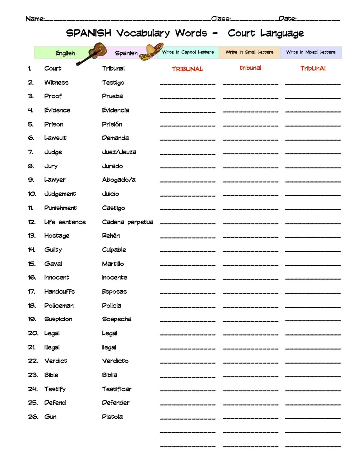 Spanish Court Language Vocabulary Word List Column Worksheet | Made By ...
