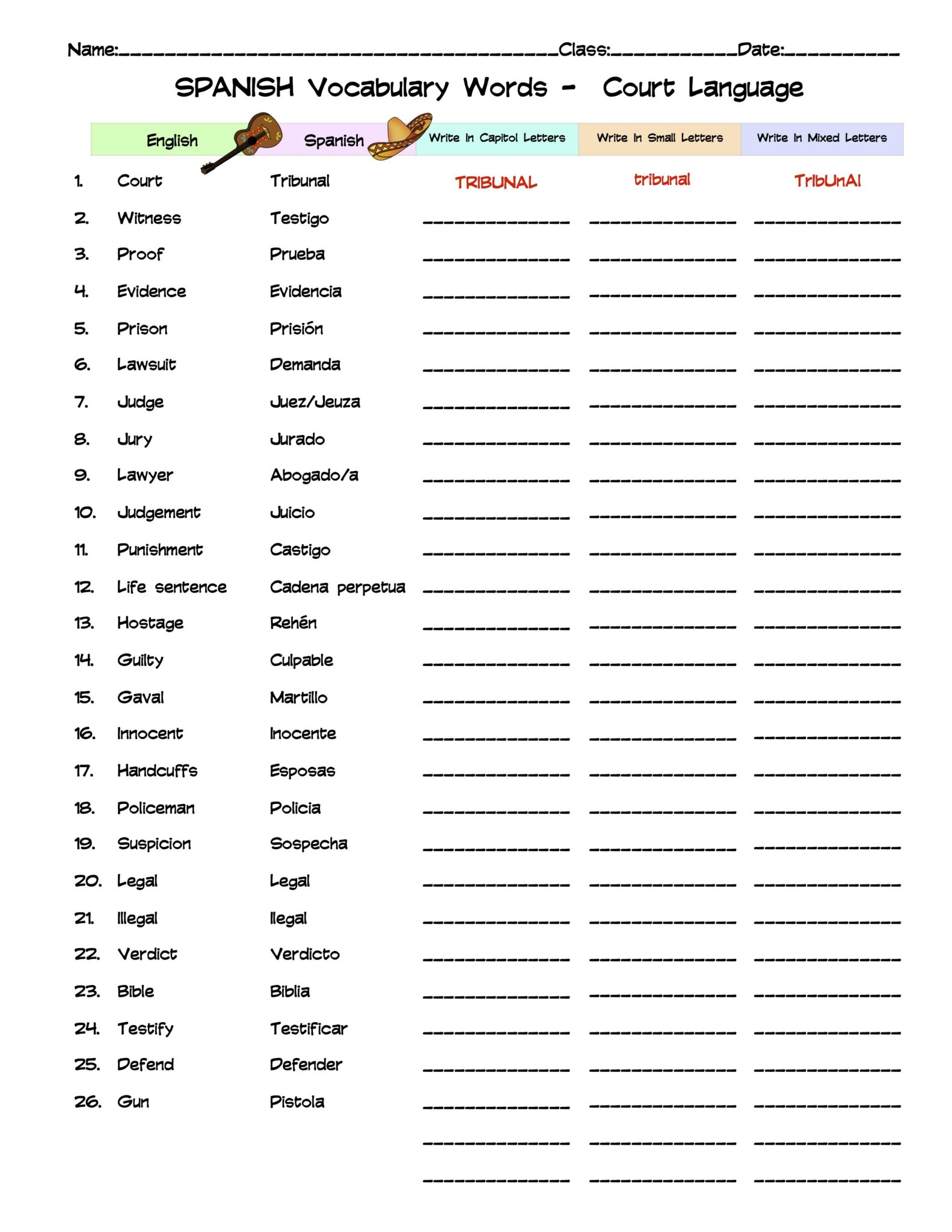 Spanish Court Language Vocabulary Word List Column Worksheet | Made By ...