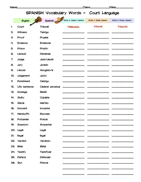 Spanish Court Language Vocabulary Word List Column Worksheet | Made By ...