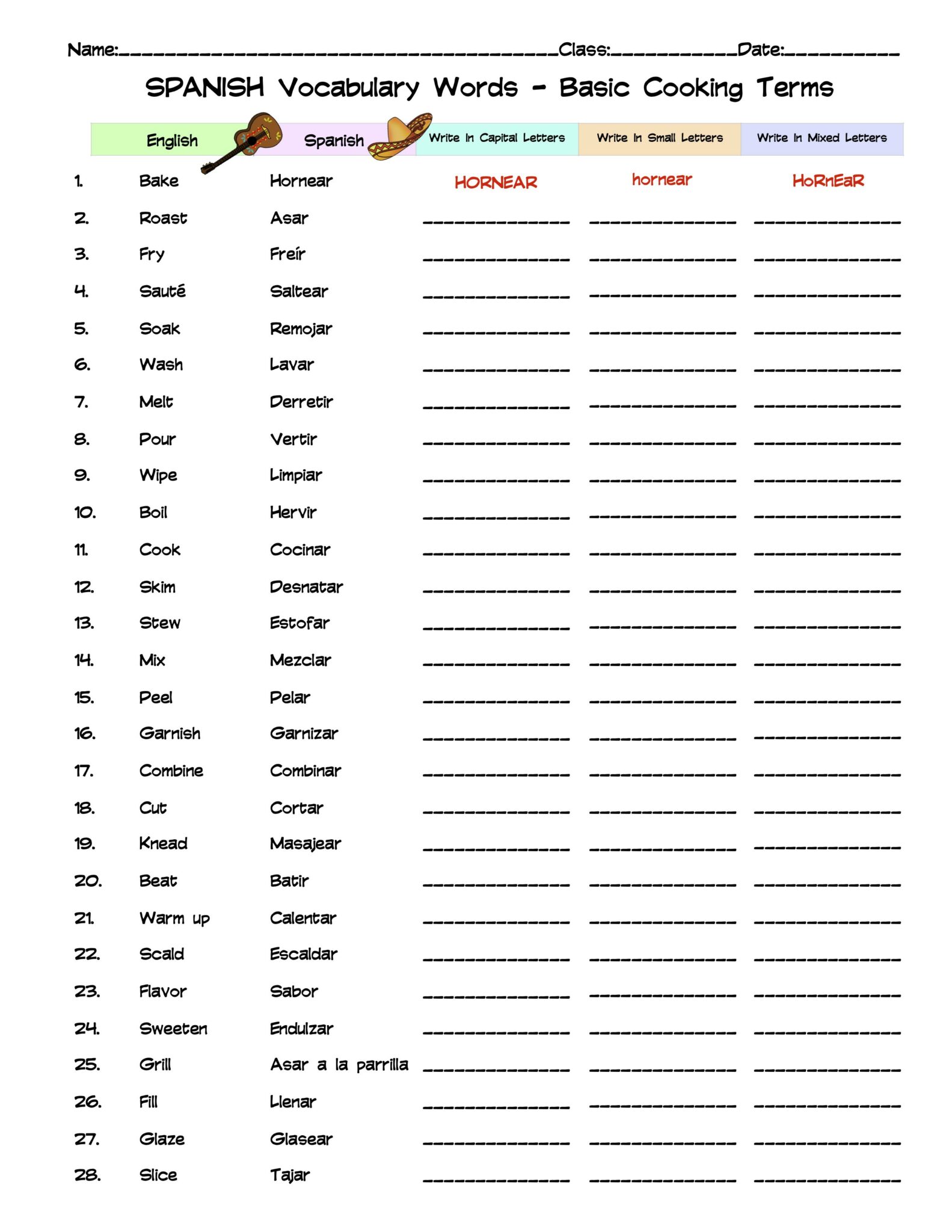 Spanish Head & Face Vocabulary Word List Worksheet & Answer Key | Made ...