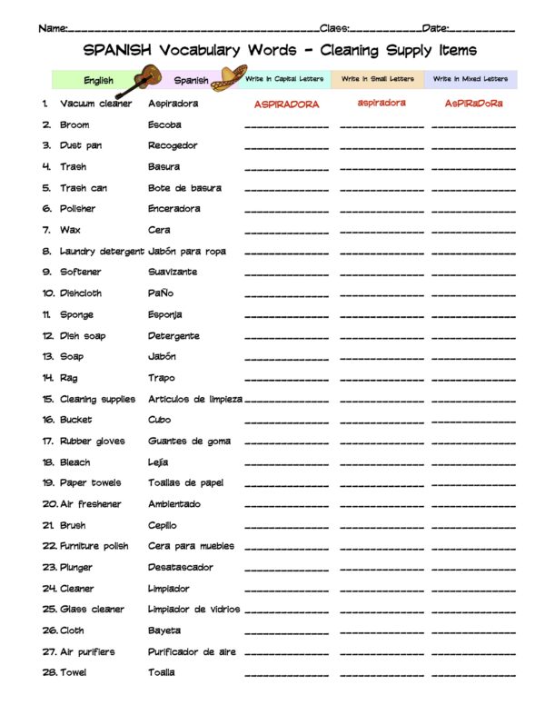 Spanish Cleaning Supplies Vocabulary Word List Column Worksheet | Made ...