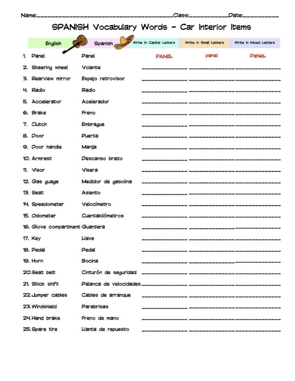 Spanish Car Interior Items Vocabulary Word List Column Worksheet | Made ...