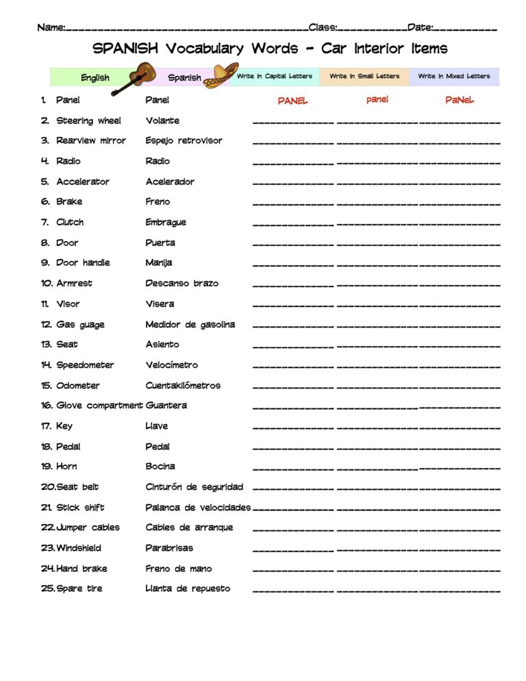 Spanish Car Interior Items Vocabulary Word List Column Worksheet | Made ...