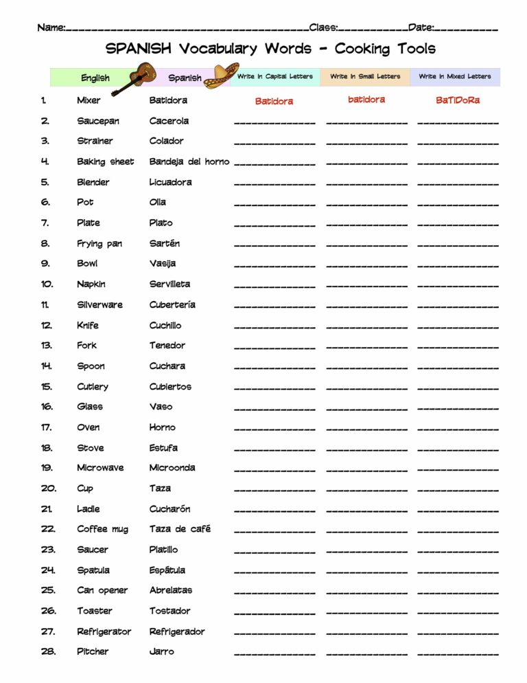 Spanish Cooking Tools Vocabulary Word List Column Worksheet | Made By ...