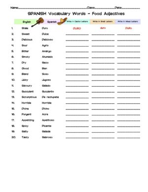 Spanish Food Adjective Vocabulary Word List Column Worksheet | Made By ...