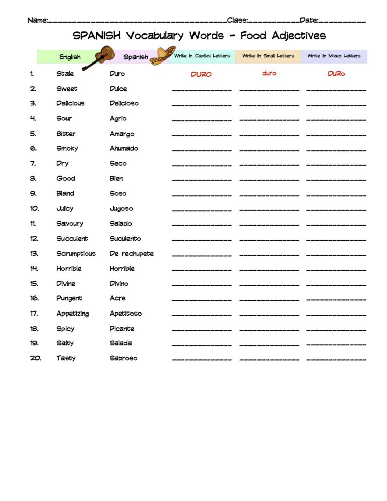 Spanish Food Adjective Vocabulary Word List Column Worksheet | Made By ...