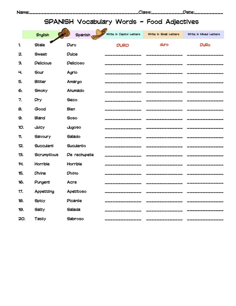 Spanish Food Adjective Vocabulary Word List Column Worksheet | Made By ...