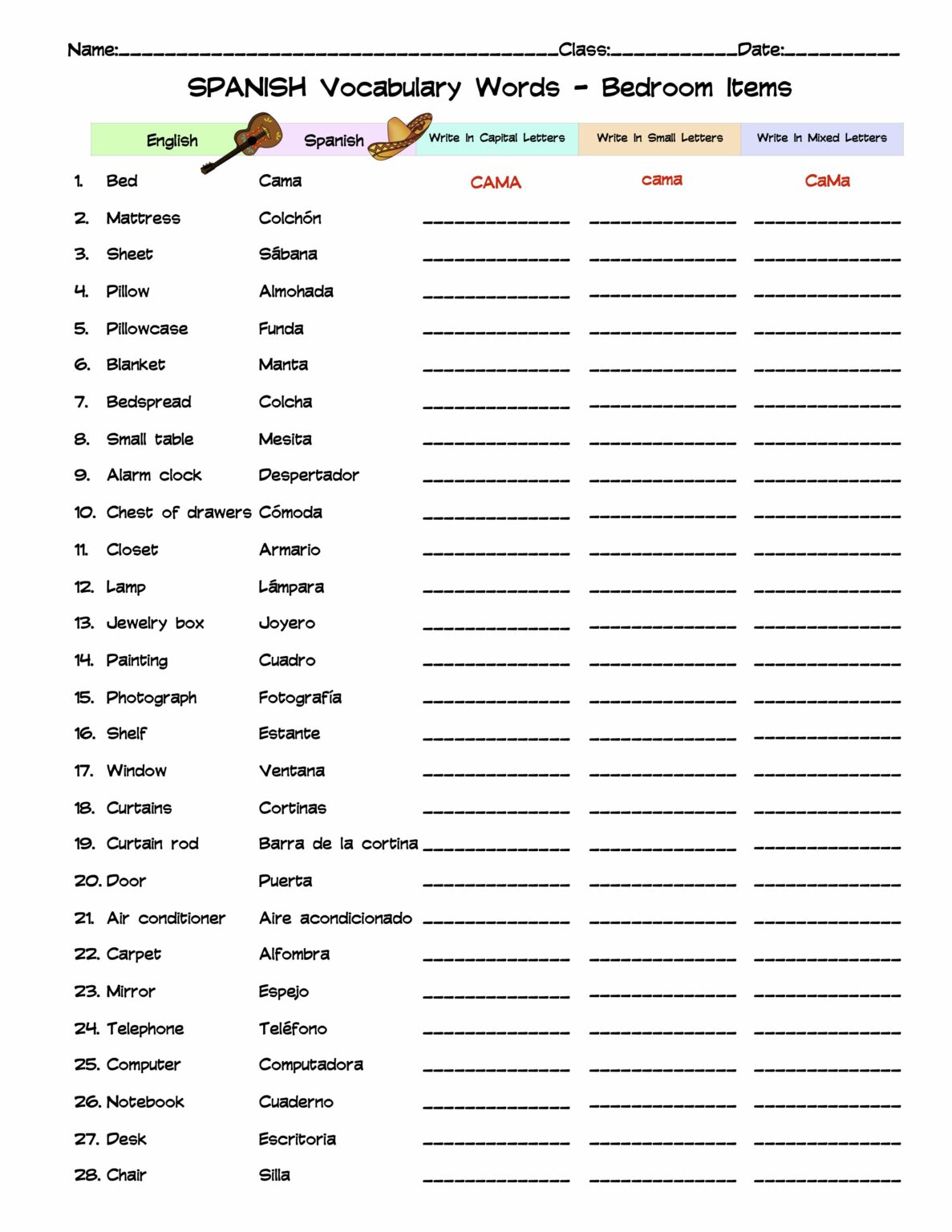 Spanish Food Adjective Vocabulary Word List Column Worksheet | Made By ...
