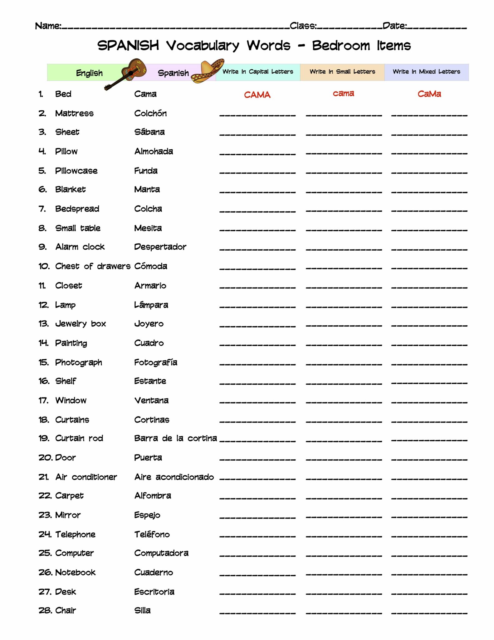 Spanish Food Adjective Vocabulary Word List Column Worksheet | Made By ...