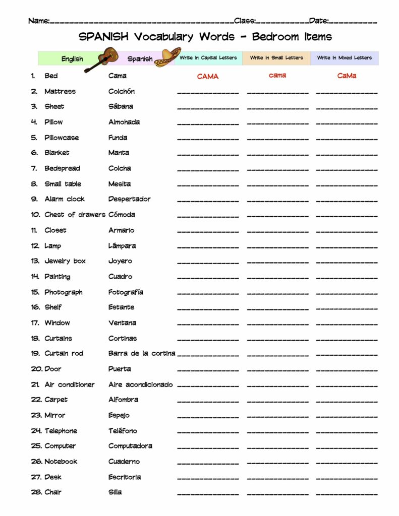 Spanish Bedroom Items Vocabulary Word List Column Worksheet | Made By ...