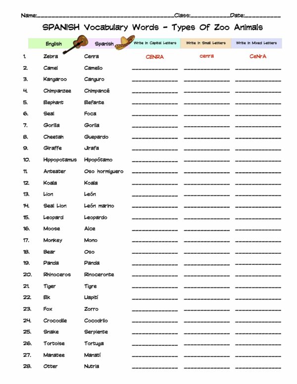 Spanish Types Of Zoo Animals Vocabulary Word List Column Worksheet ...