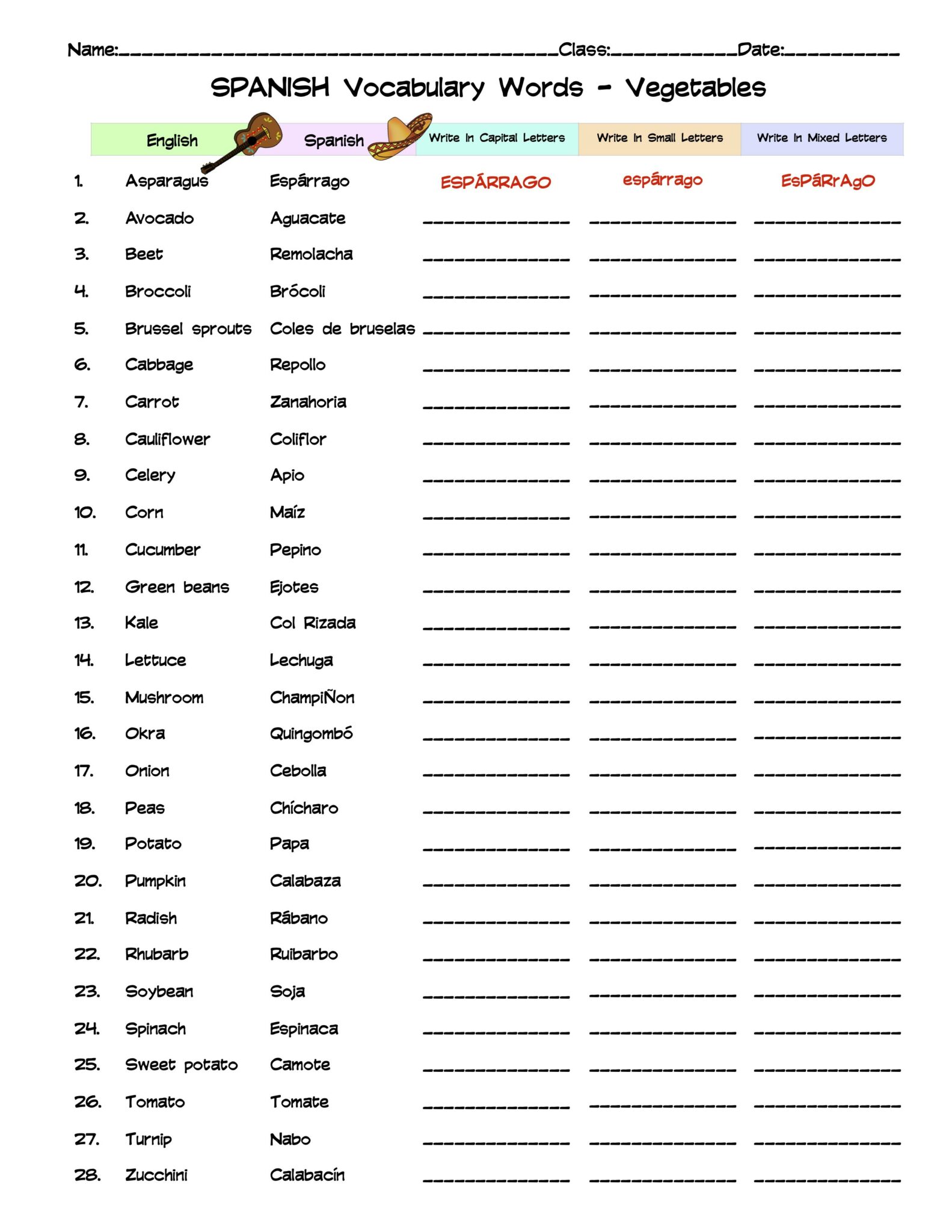 Spanish Vegetables Vocabulary Word List Column Worksheet | Made By Teachers