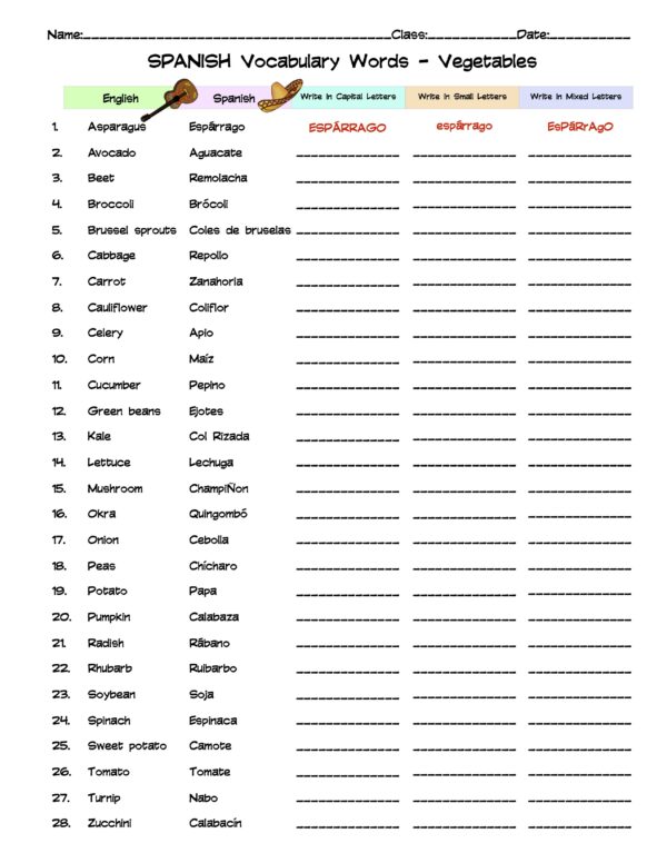 Spanish Vegetables Vocabulary Word List Column Worksheet | Made By Teachers