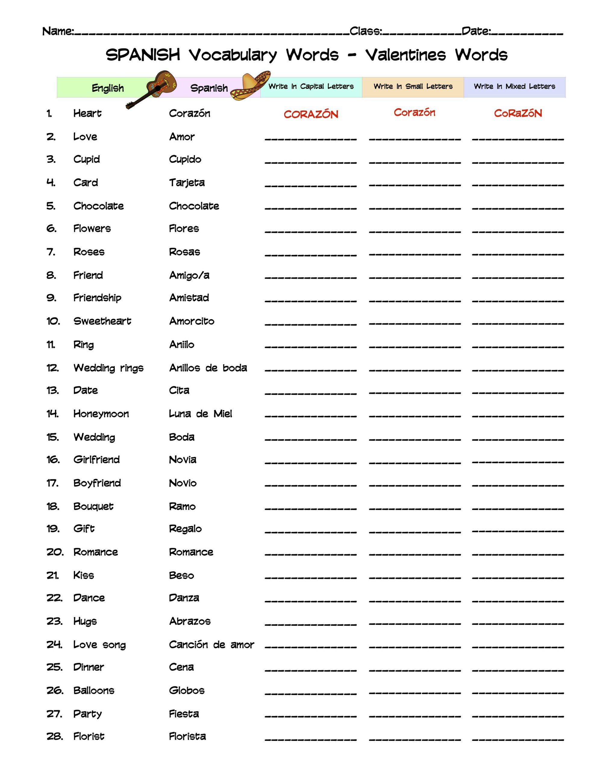 Spanish Valentines Vocabulary Word List Column Worksheet | Made By Teachers