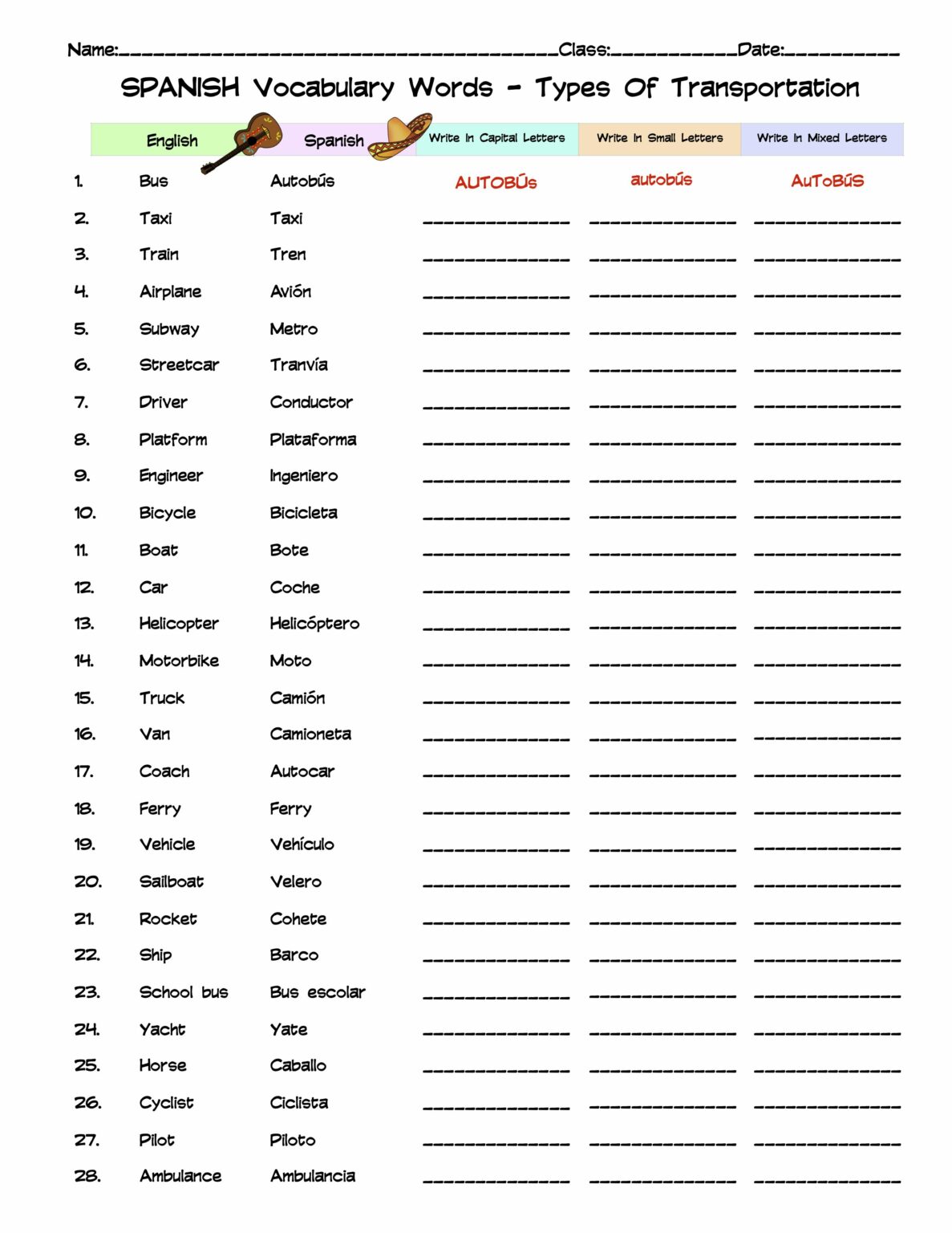Spanish Types Of Transportation Vocabulary Word List Column Worksheet ...