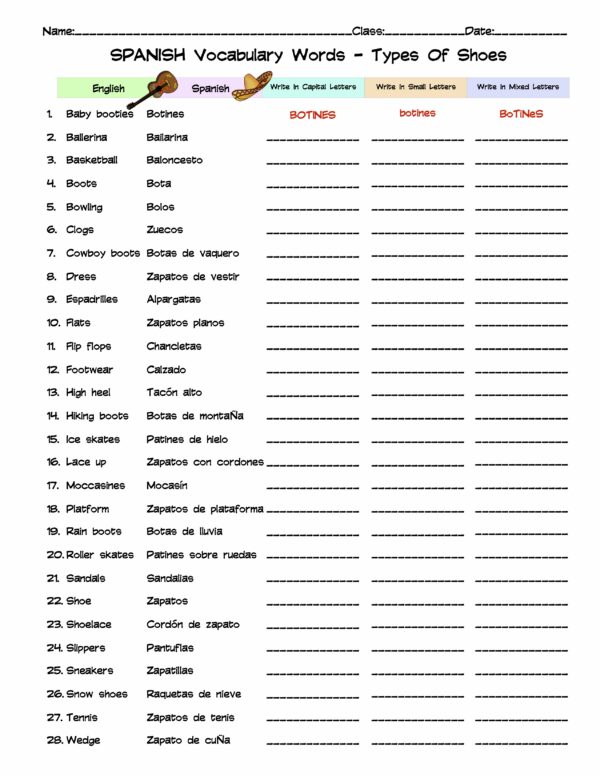 Spanish Types Of Shoes Vocabulary Word List Column Worksheet | Made By ...