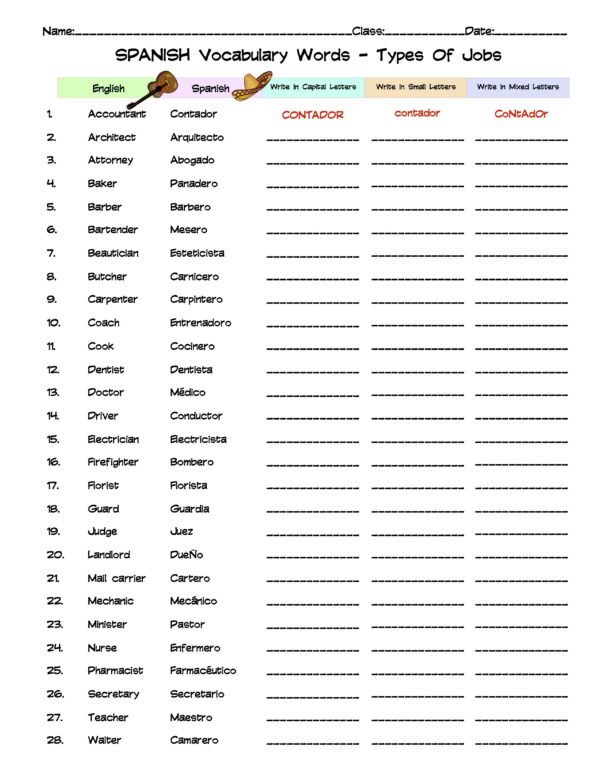 Spanish Types Of Jobs Vocabulary Word List Column Worksheet | Made By ...