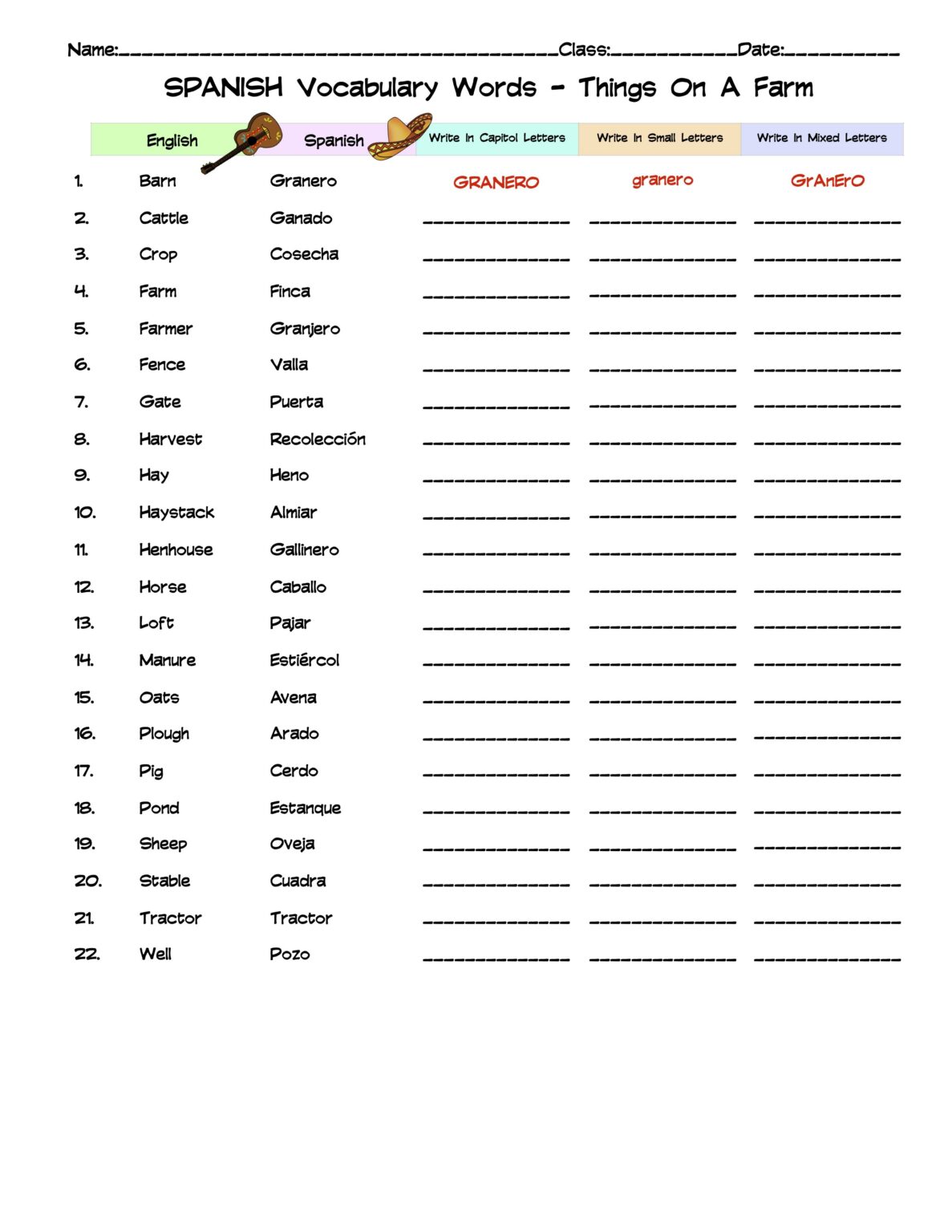 Spanish Farm Animals Vocabulary Word List Column Worksheet | Made By ...