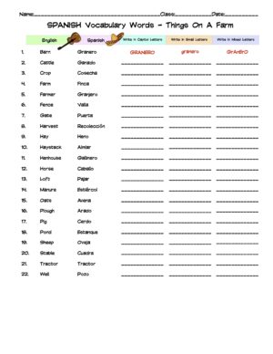 Spanish Farm Animals Vocabulary Word List Column Worksheet | Made By ...