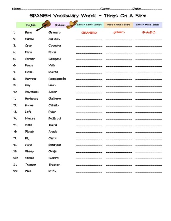 Spanish Things On A Farm Vocabulary Word List Column Worksheet | Made ...