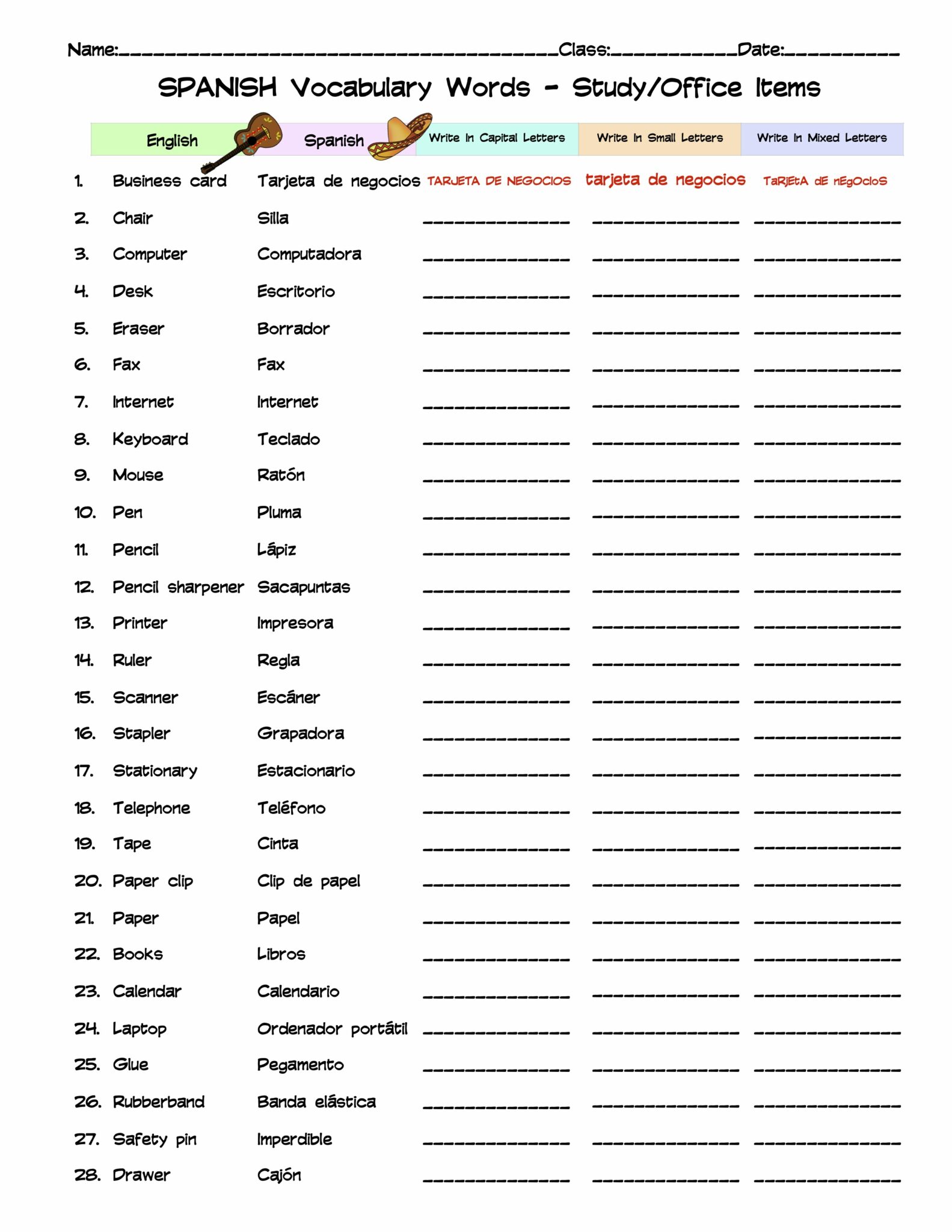 Spanish Study/Office Items Vocabulary Word List Column Worksheet | Made ...