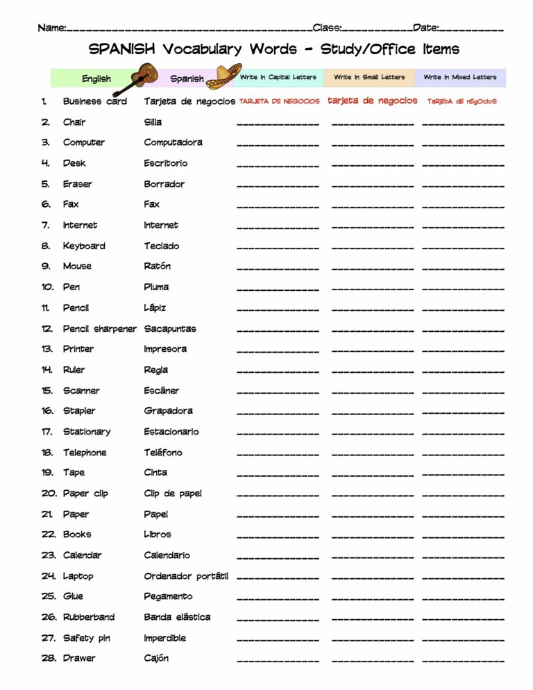 Spanish Study/Office Items Vocabulary Word List Column Worksheet | Made ...