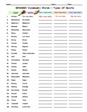 Spanish Types Of Sports Vocabulary Word List Column Worksheet | Made By ...