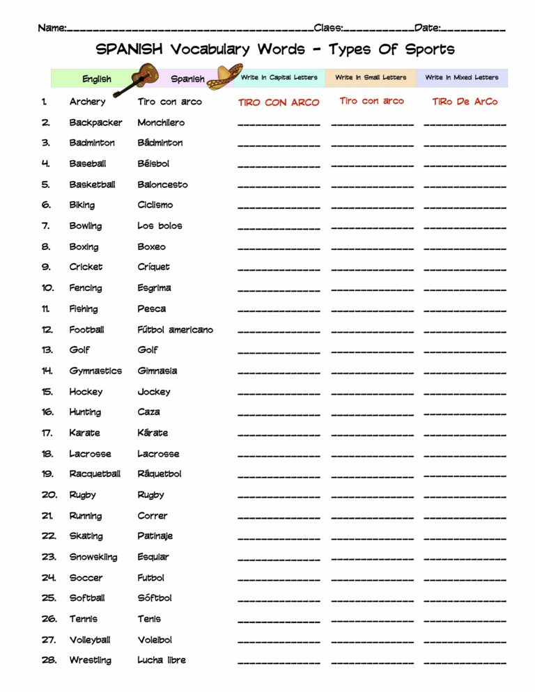 Spanish Types Of Sports Vocabulary Word List Column Worksheet | Made By ...