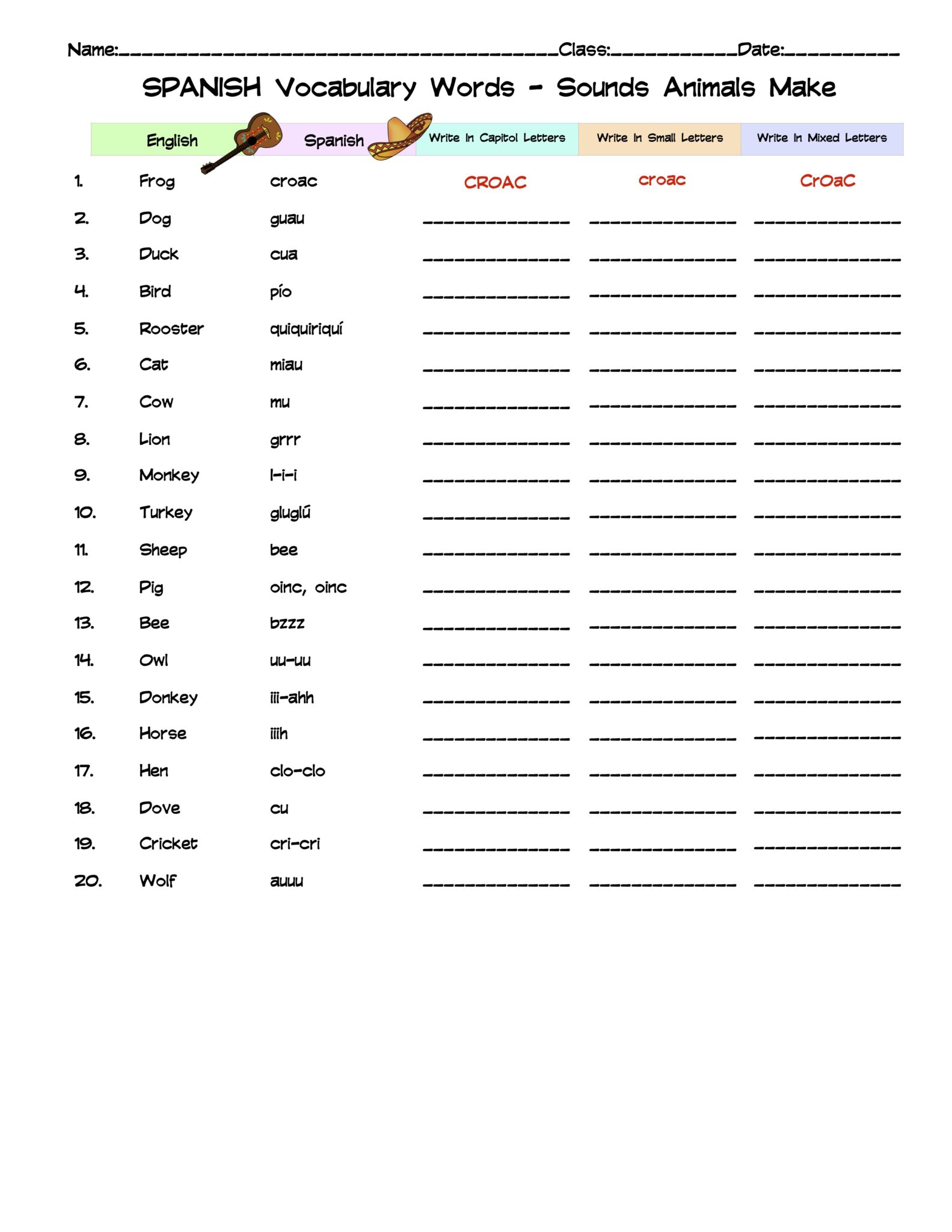 Spanish Study/Office Items Vocabulary Word List Column Worksheet | Made ...