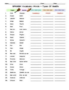 Spanish Musical Instruments Vocabulary Word List Column Worksheet ...