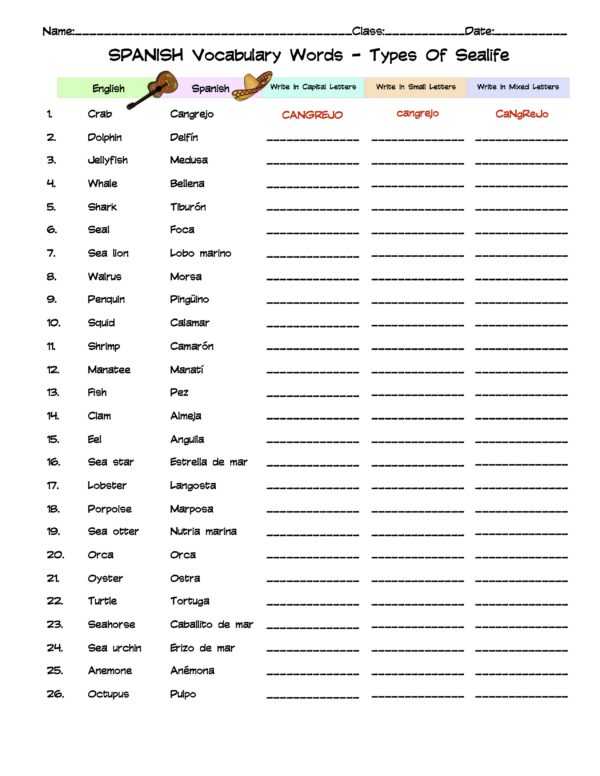 Spanish Types Of Sealife Vocabulary Word List Column Worksheet - Made ...