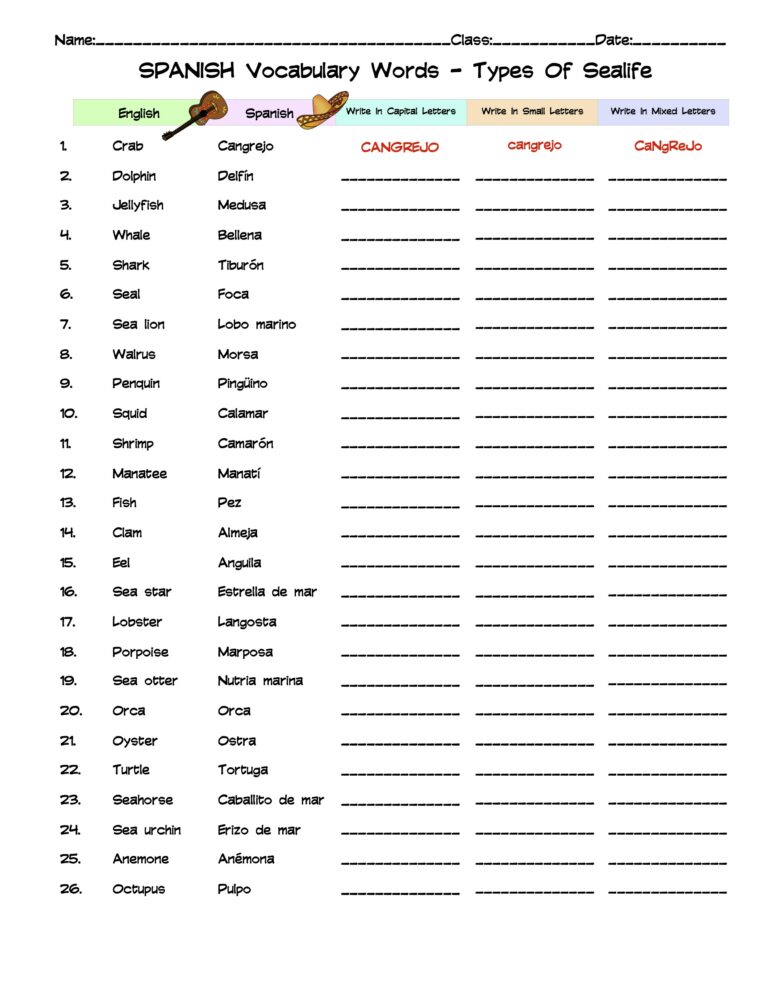 Spanish Types Of Sealife Vocabulary Word List Column Worksheet | Made ...