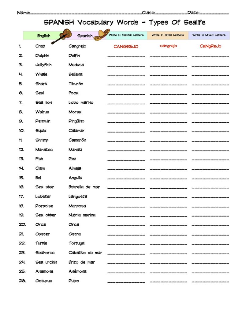 Spanish Types Of Sealife Vocabulary Word List Column Worksheet | Made ...