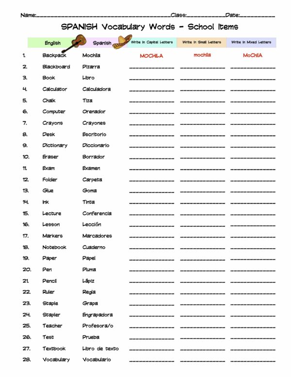 Spanish Common Greetings Vocabulary Word list Column Worksheet | Made ...