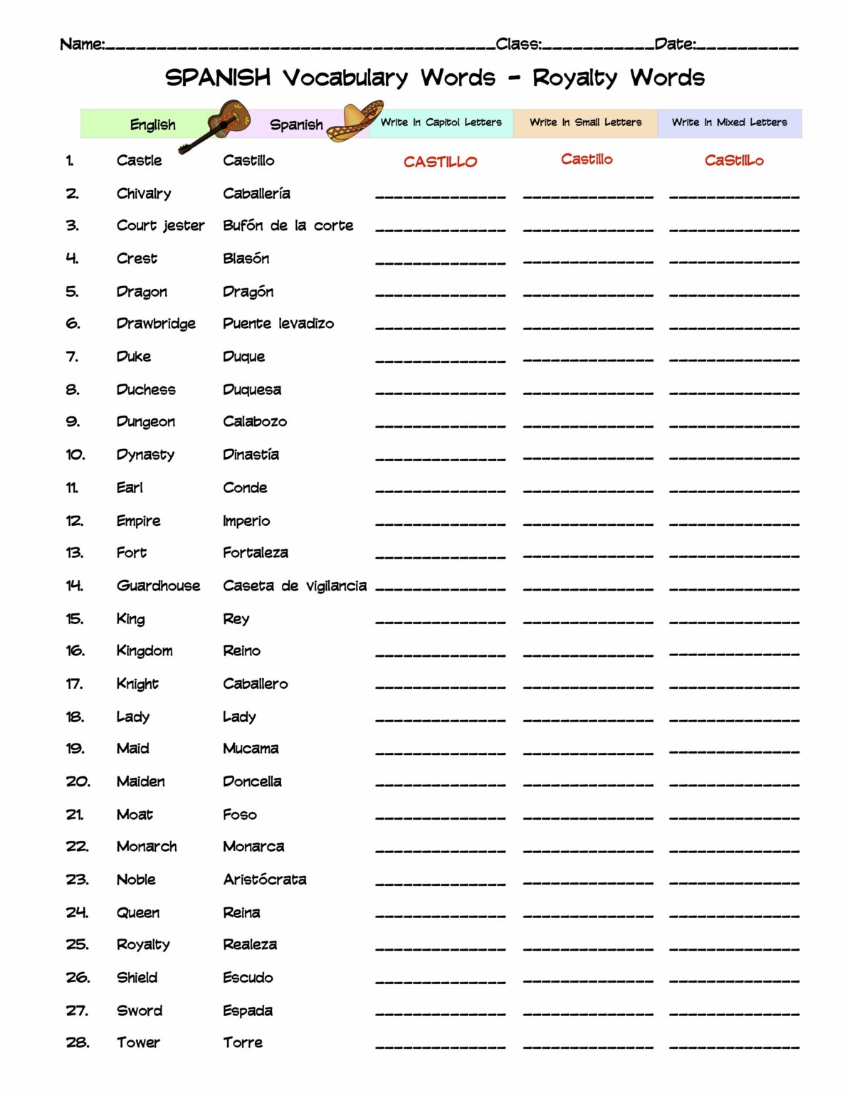 Spanish Royalty Vocabulary Word List Column Worksheet | Made By Teachers