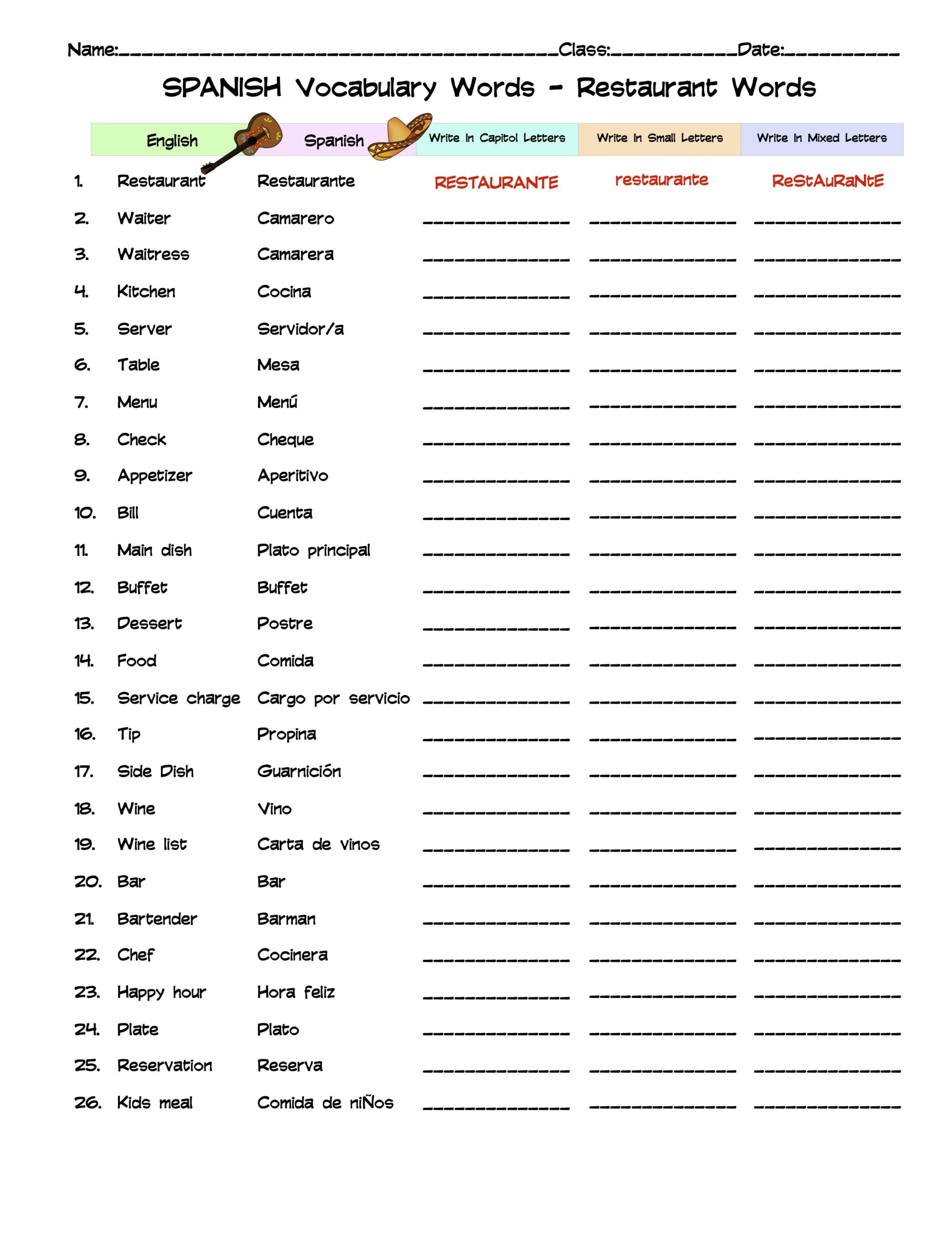 Spanish Restaurant Vocabulary Word List Column Worksheet Made By Teachers Spanish Restaurant Vocabulary Word List Column Worksheet Made By Teachers