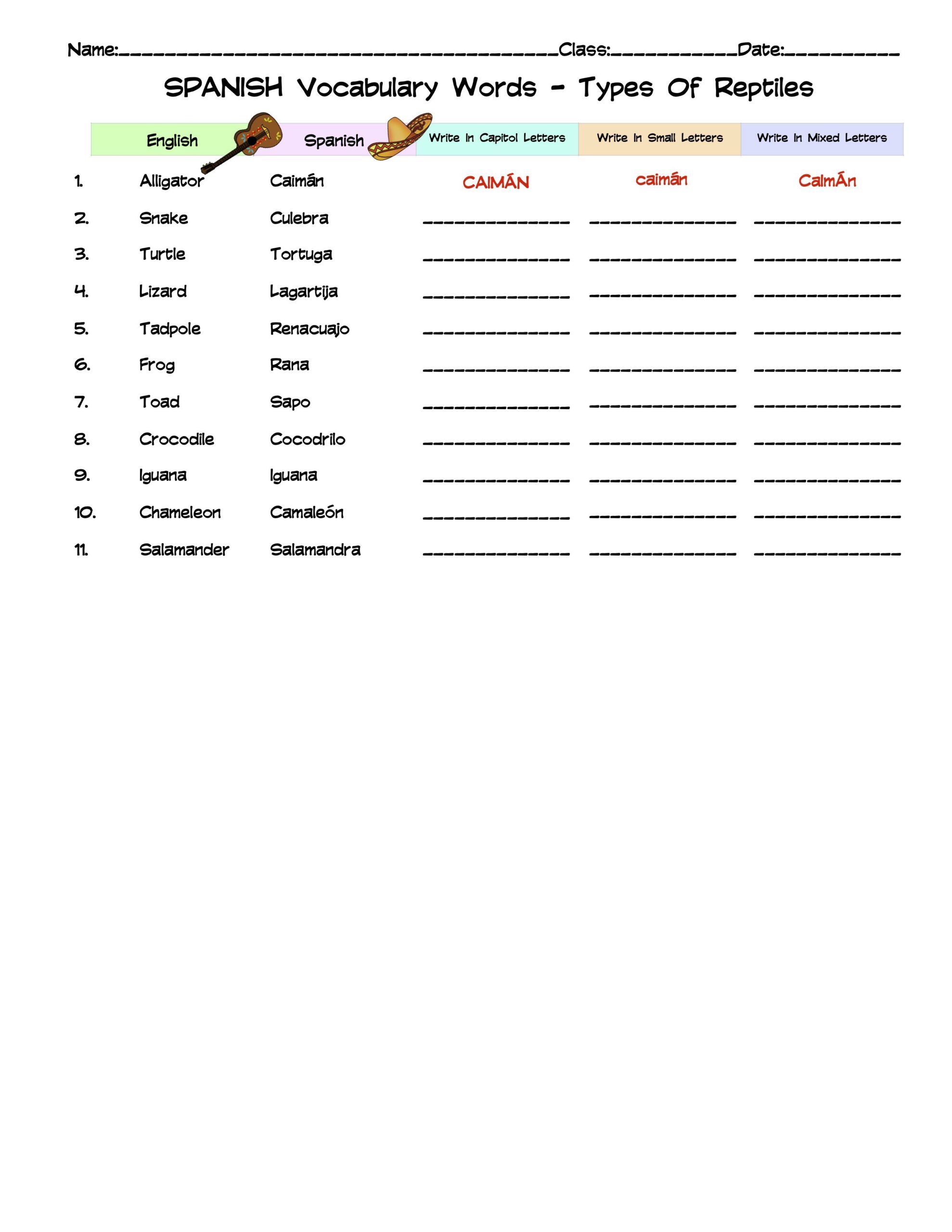 Spanish Types Of Reptiles Vocabulary Word List Column Worksheet | Made ...
