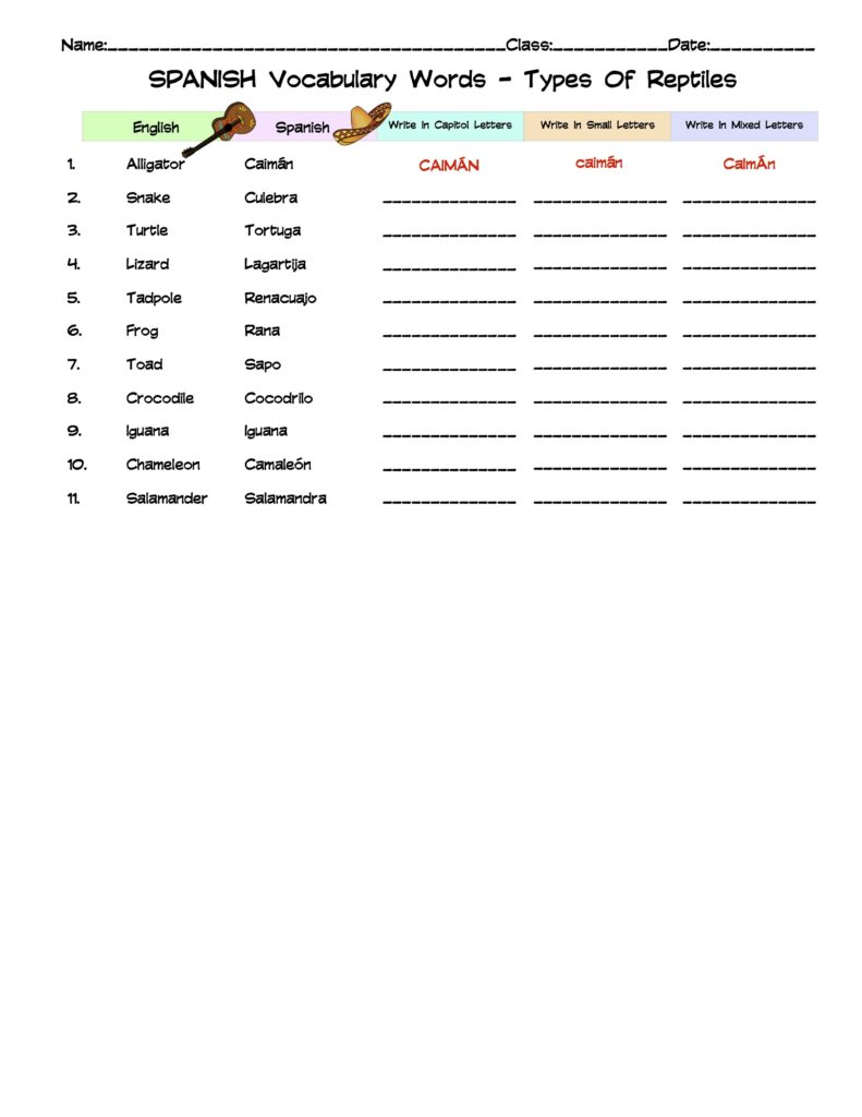 Spanish Types Of Reptiles Vocabulary Word List Column Worksheet | Made ...