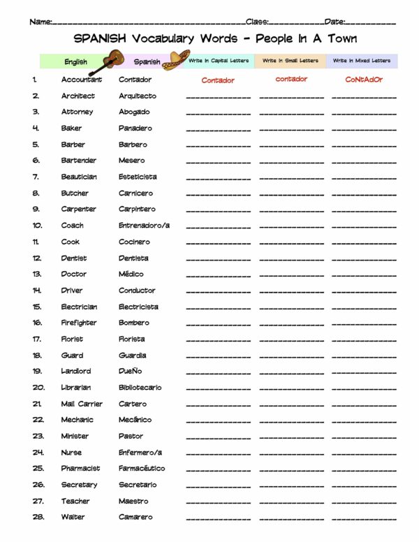 Spanish People In A Town Vocabulary Word List Column Worksheet | Made ...