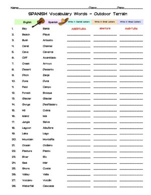 Spanish Outdoor Terrain Vocabulary Word List Column Worksheet | Made By ...