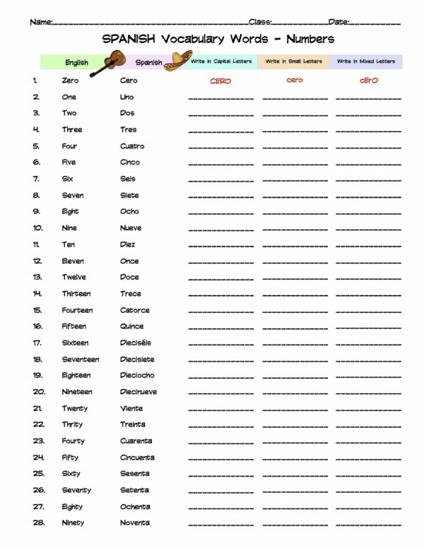 Spanish Numbers Vocabulary Word list Column Worksheet | Made By Teachers