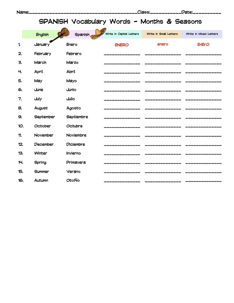 Spanish Months & Seasons Vocabulary Word List Column Worksheet | Made ...
