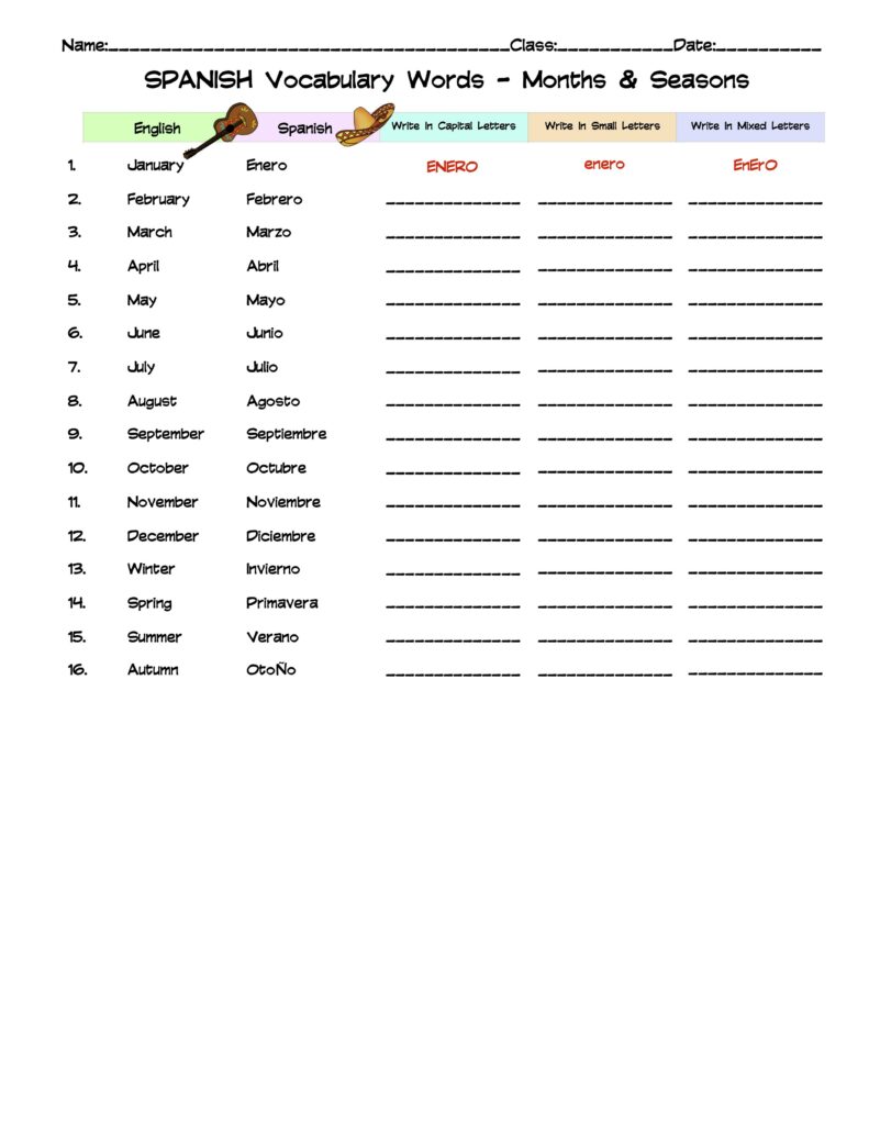 Spanish Months & Seasons Vocabulary Word List Column Worksheet | Made ...