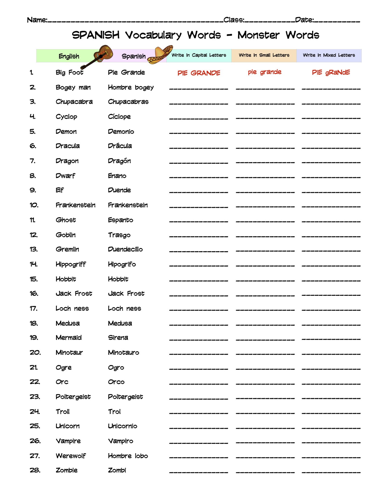 Spanish Monster Vocabulary Word List Column Worksheet | Made By Teachers
