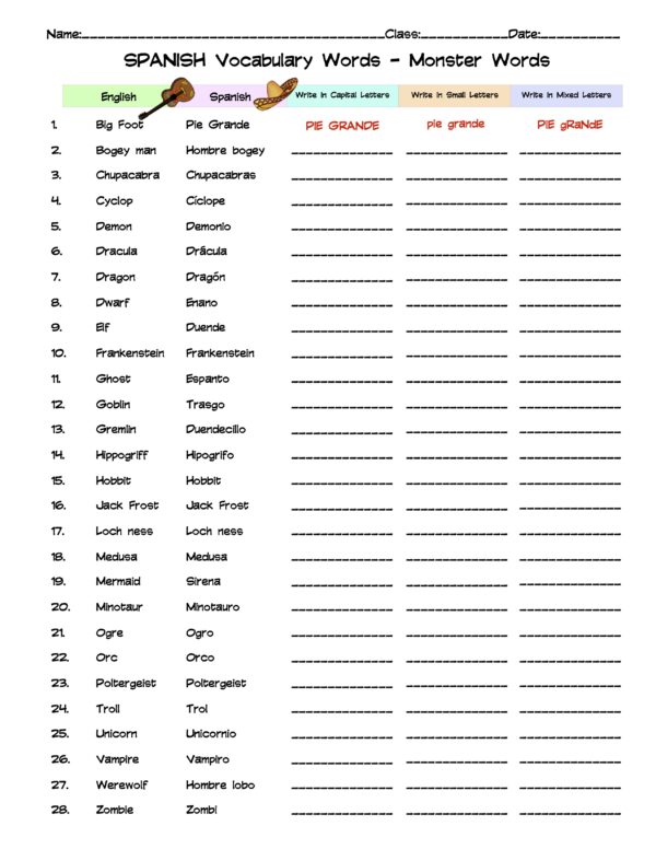 Spanish Monster Vocabulary Word List Column Worksheet | Made By Teachers