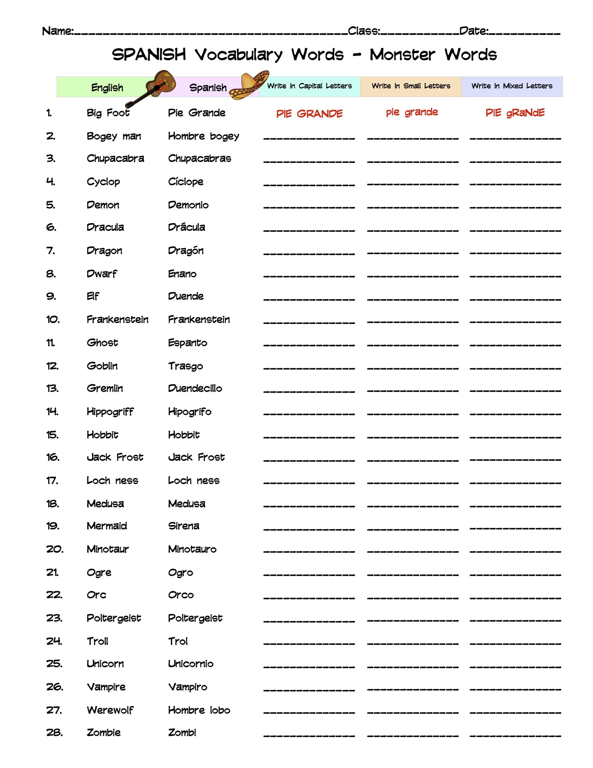 Spanish Monster Vocabulary Word List Column Worksheet | Made By Teachers