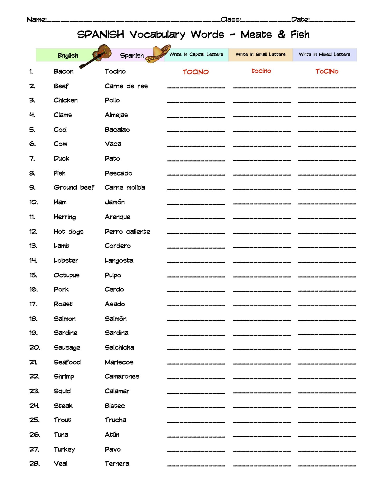 Spanish Types Of Zoo Animals Vocabulary Word List Column Worksheet ...